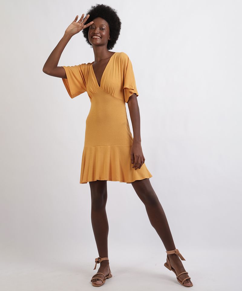 Vestido Feminino Curto Com Babado Manga Curta Decote V Amarelo - C&A