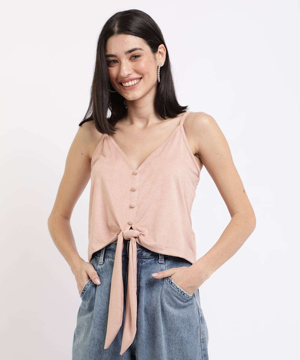 Regata-de-Suede-Feminina-com-Botoes-e-No-Alca-Fina-Decote-V-Rosa-Claro ...