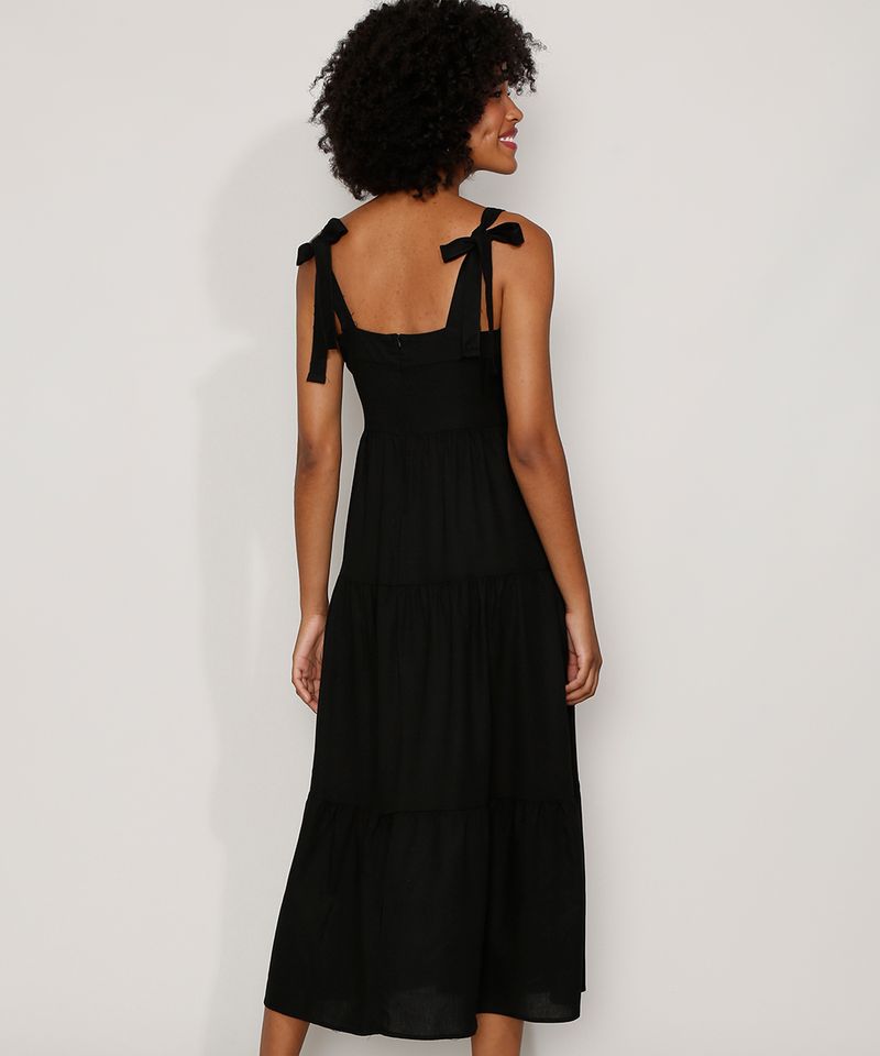 Vestido Feminino Longo com Recortes Alça Laço Preto - CeA | Moda ...