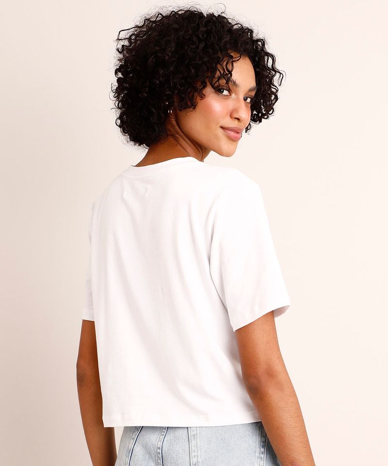 Camiseta Cropped "Lovely" com Strass Manga Curta Decote Redondo Branca ...