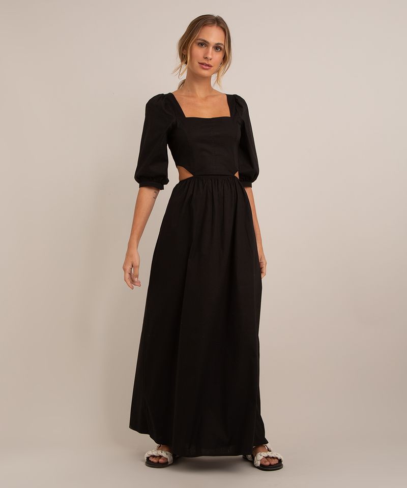 vestido longo cut out manga bufante decote reto preto