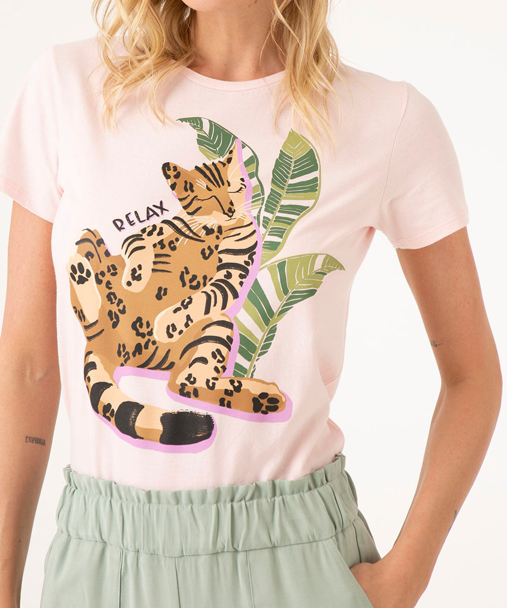 camiseta de algodão manga curta onça rosa - C&A