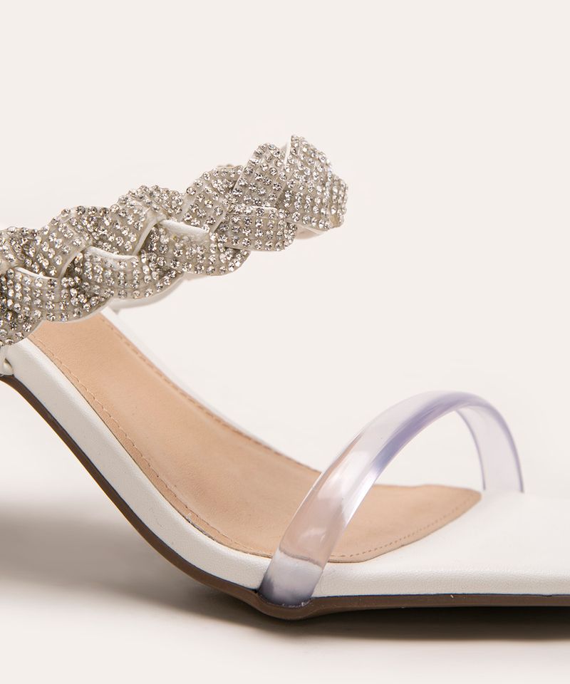 tamanco salto alto tira trançada brilho via uno branco - C&A