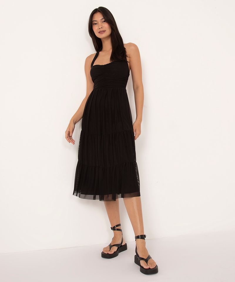 vestido de tule midi frente única preto