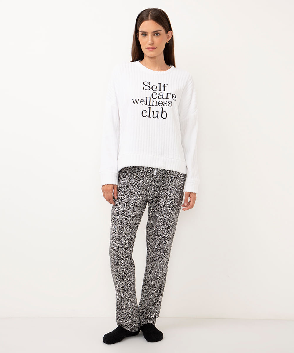 pijama longo com fleece bordada off white