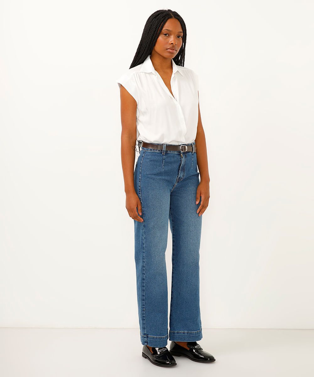 calça wide leg slim jeans com cinto azul