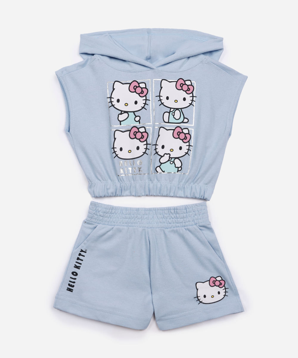 conjunto infantil curto com capuz hello kitty azul - C&A