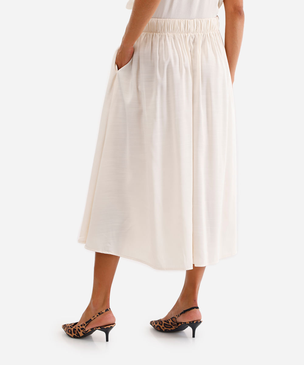 saia midi franzida com bolso bege