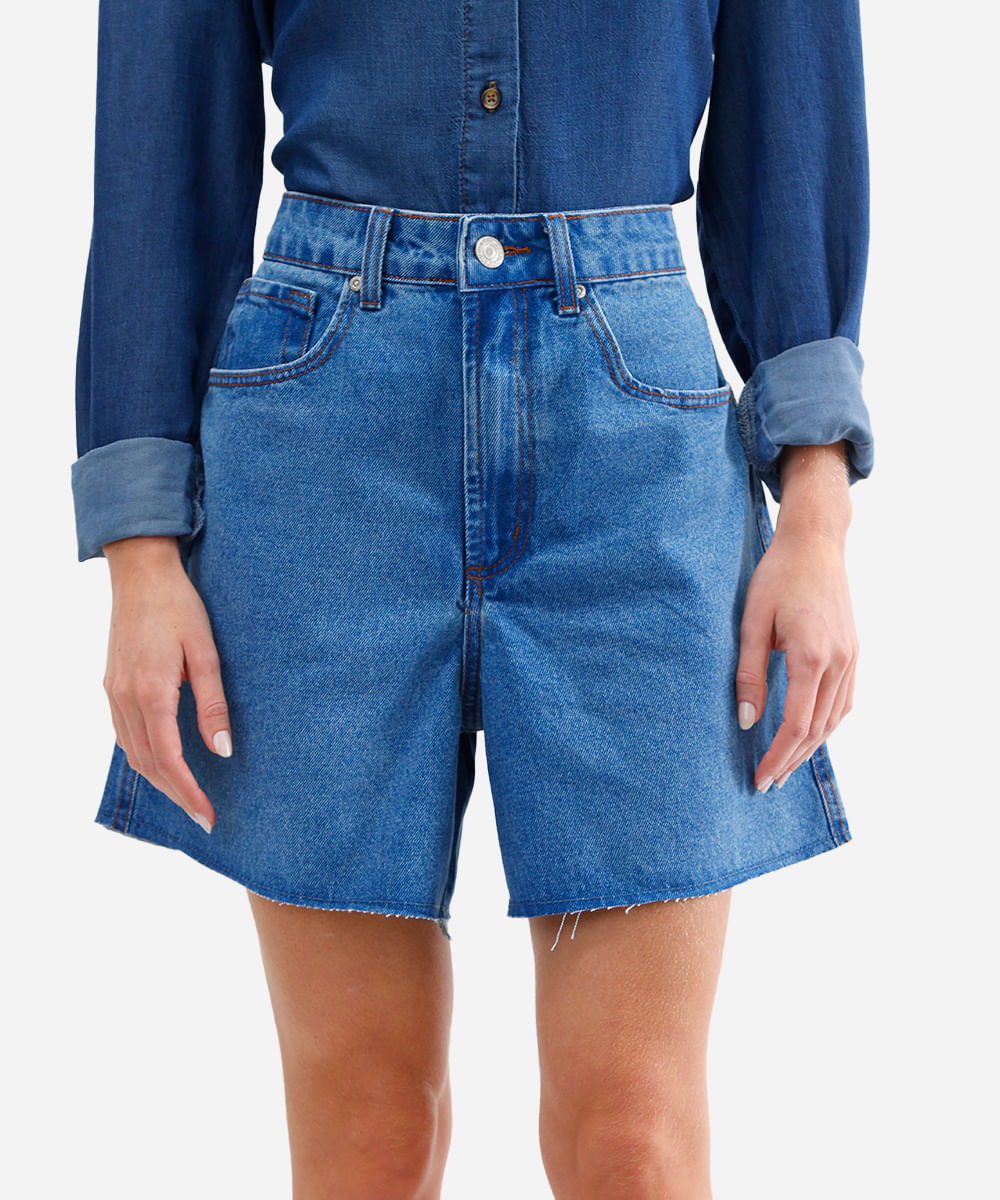 short feminino jeans barra a fio azul