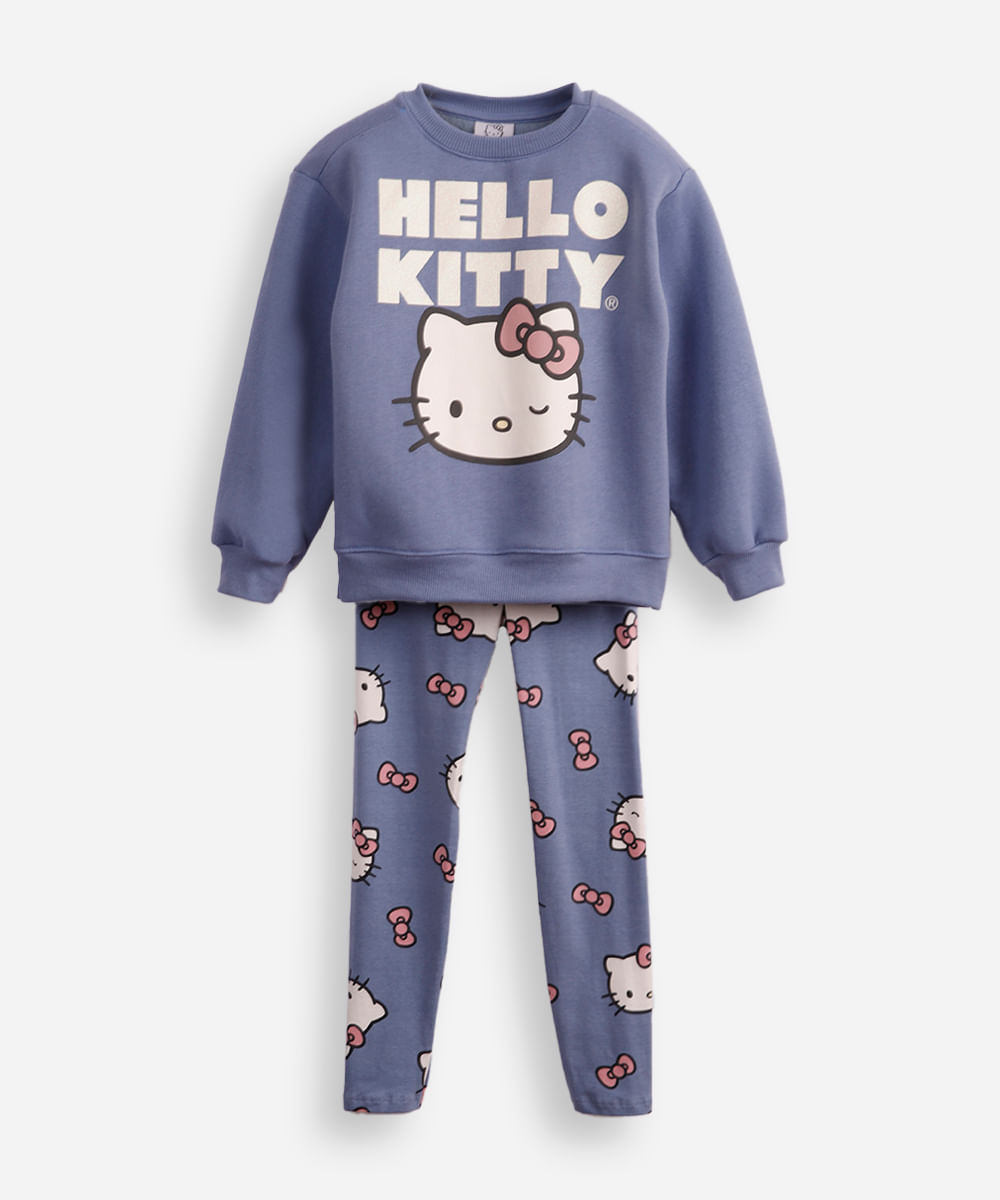 conjunto infantil longo de moletom hello kitty azul