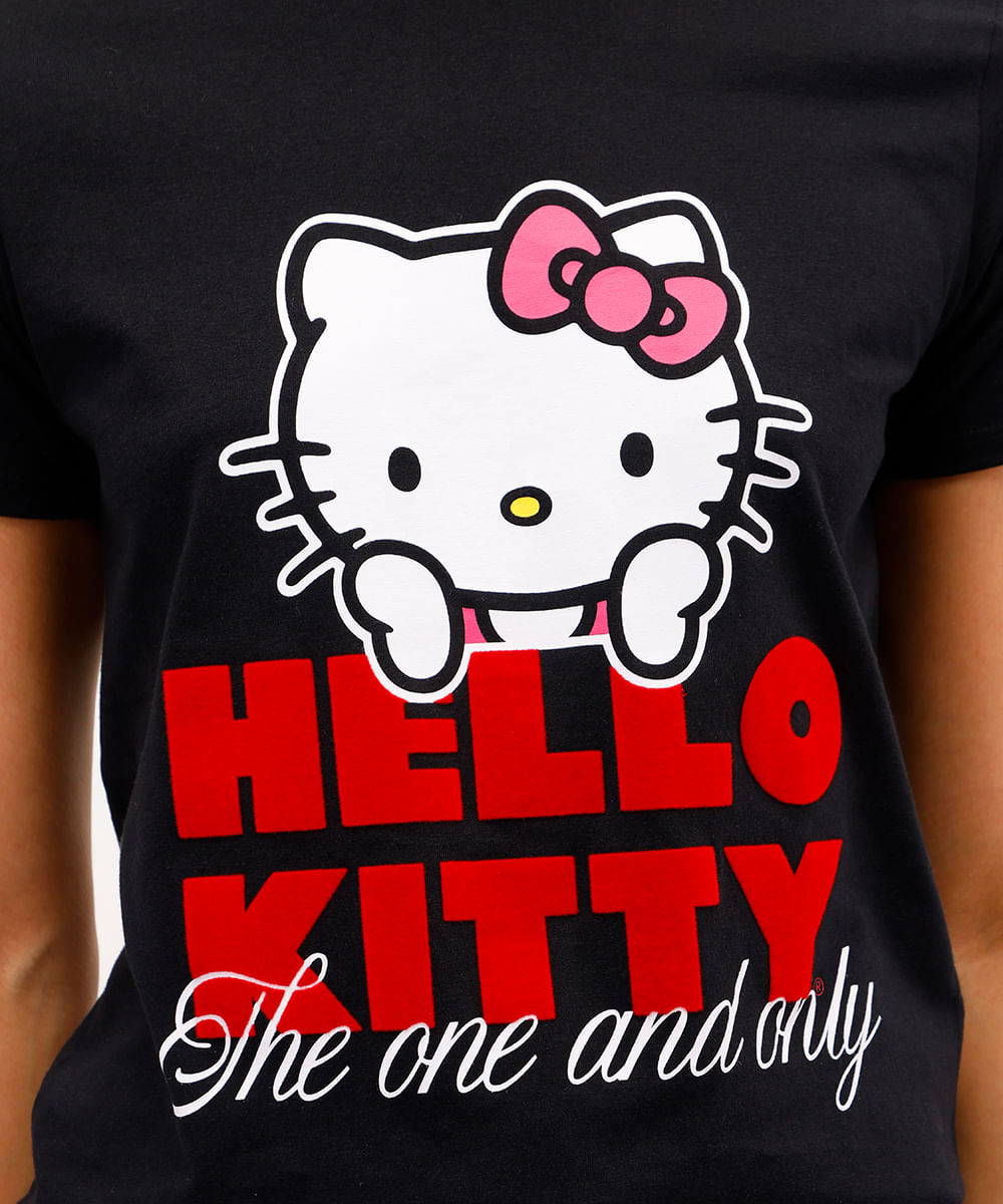 camiseta feminina de algodão hello kitty texturizada preta