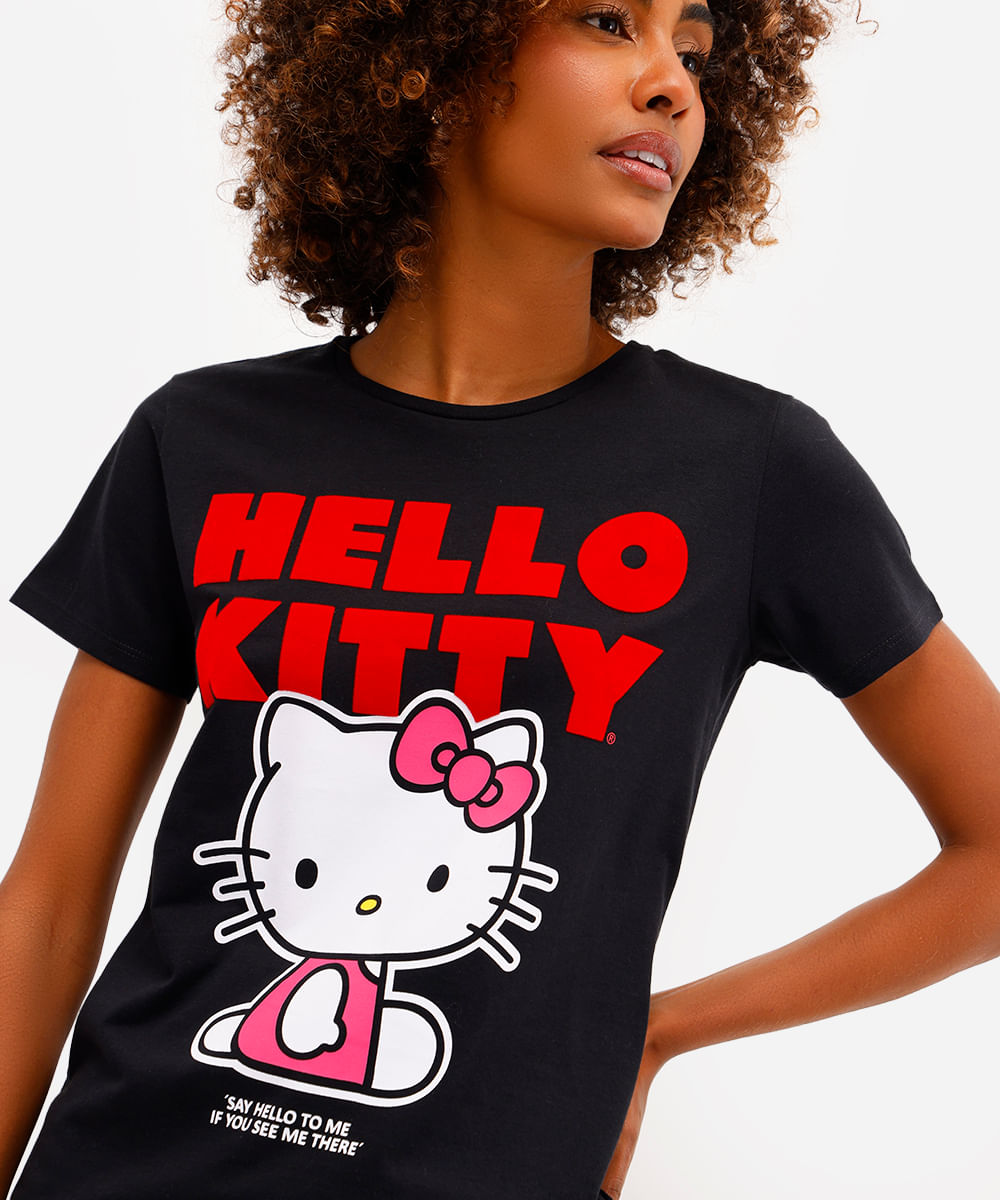 camiseta feminina de algodão hello kitty texturizada preta
