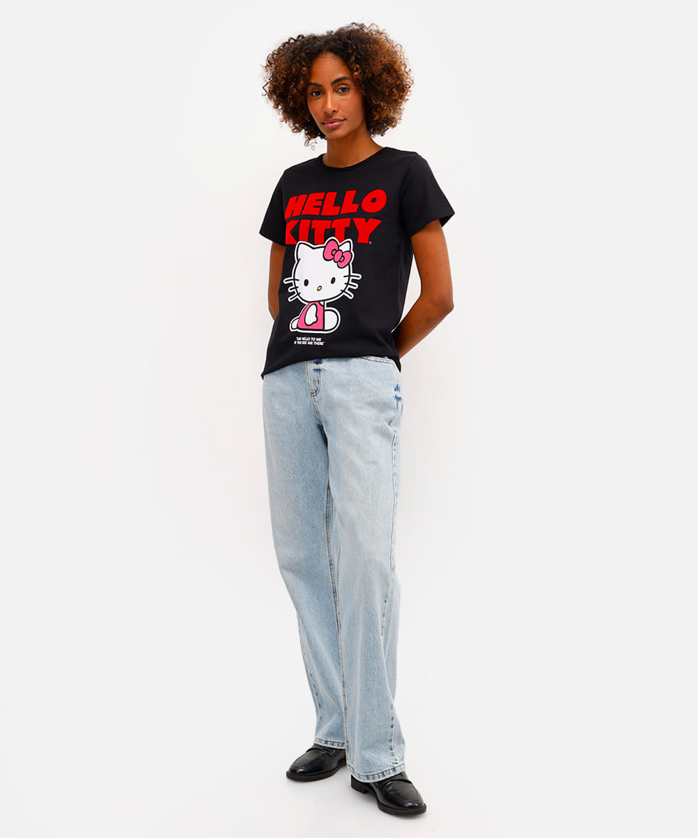 camiseta feminina de algodão hello kitty texturizada preta