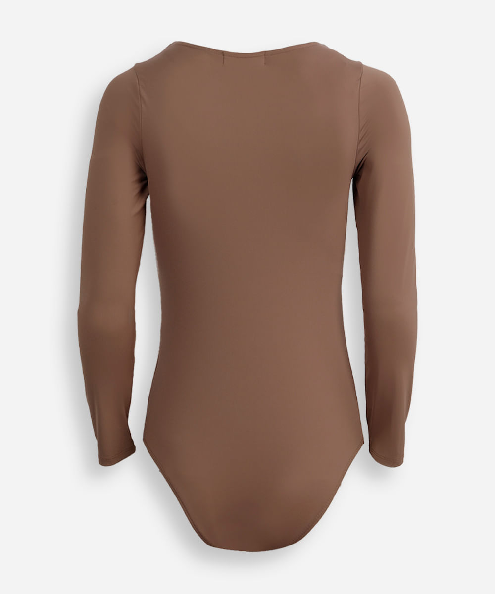 body juvenil manga longa decote quadrado marrom