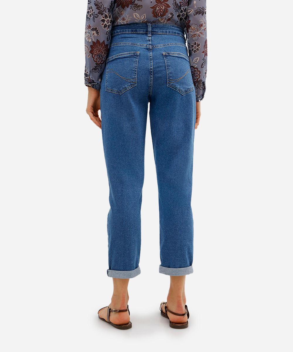 calça mom feminino jeans barra dobrada azul