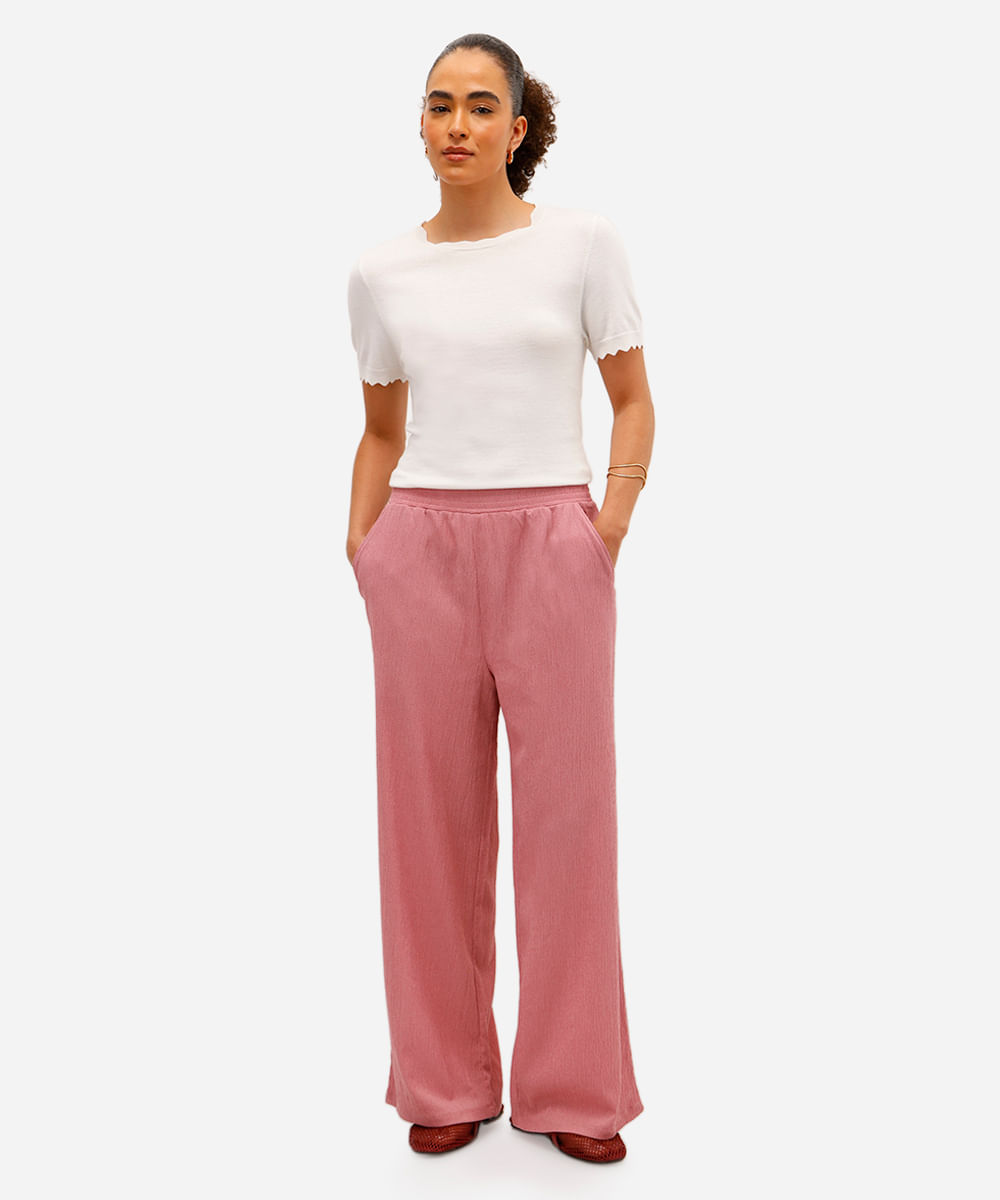 calça wide leg feminina texturizada rosa