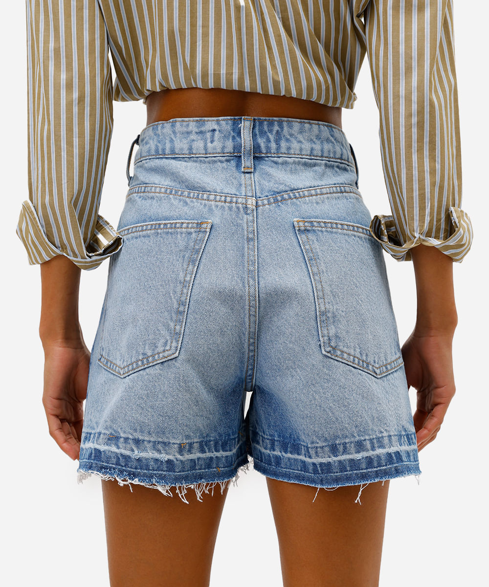 short feminino jeans cintura alta azul
