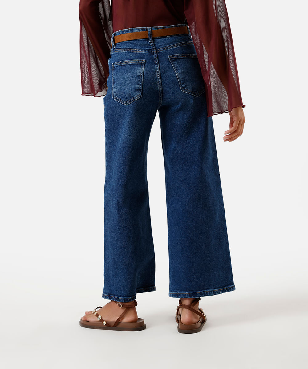 calça wide leg cropped feminina jeans azul