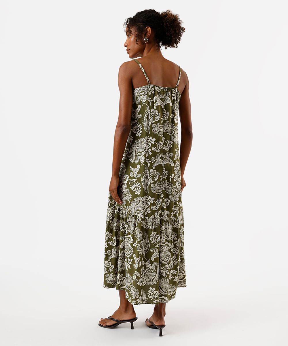 vestido midi feminino de viscose com recorte paisley verde