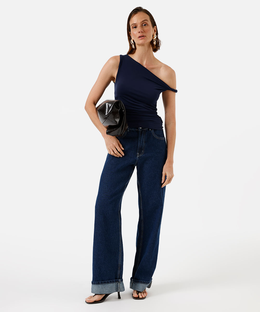 blusa feminina franzida assimétrica azul
