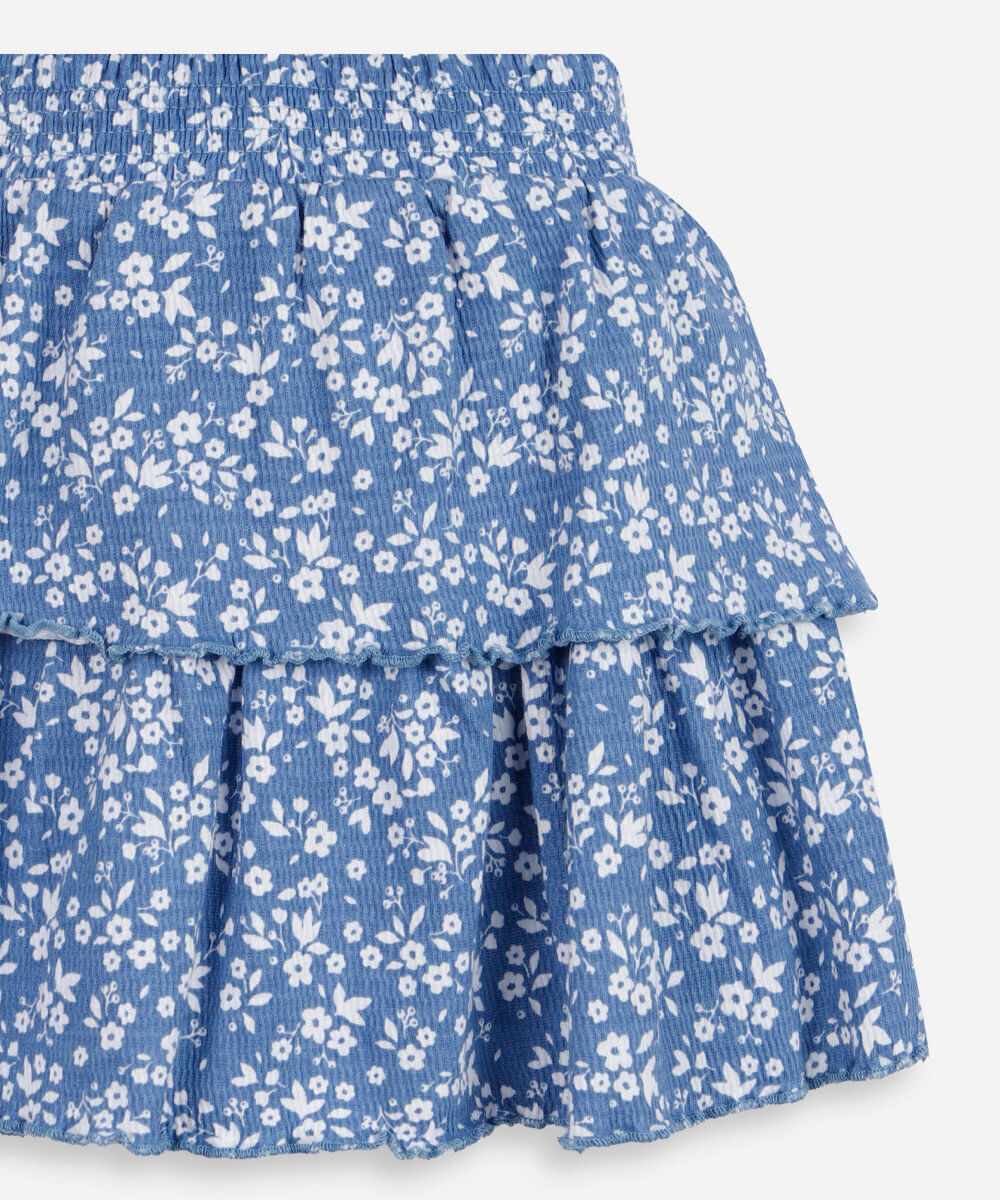 saia infantil de algodão com babados floral azul