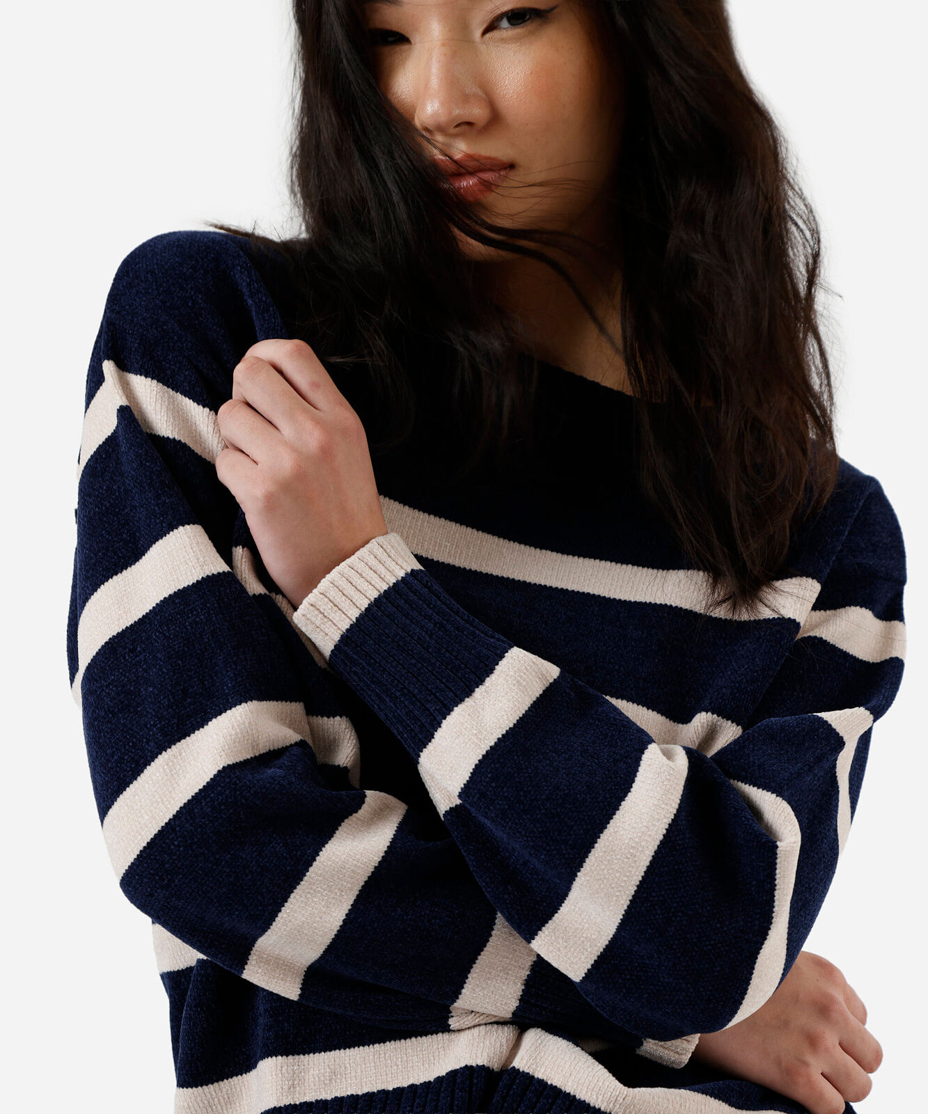 suéter feminino de tricot listrado azul