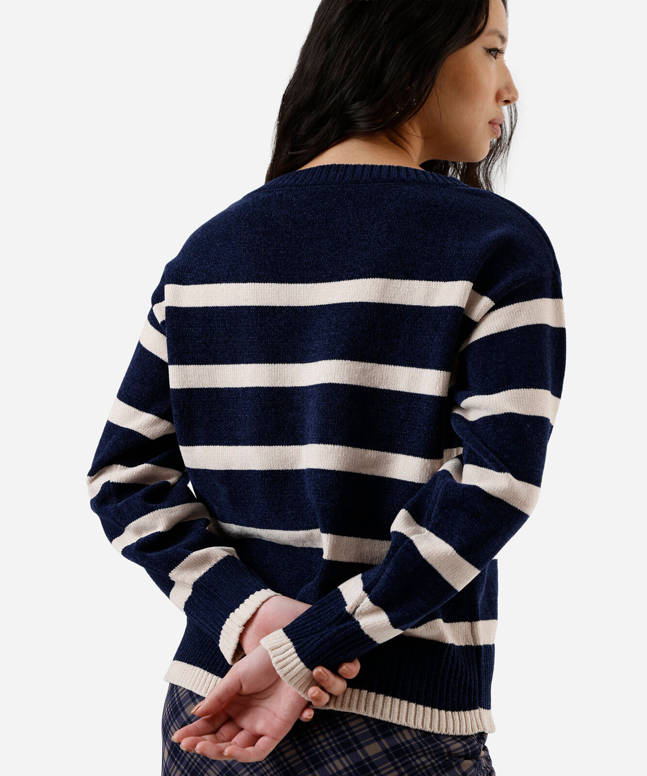 suéter feminino de tricot listrado azul