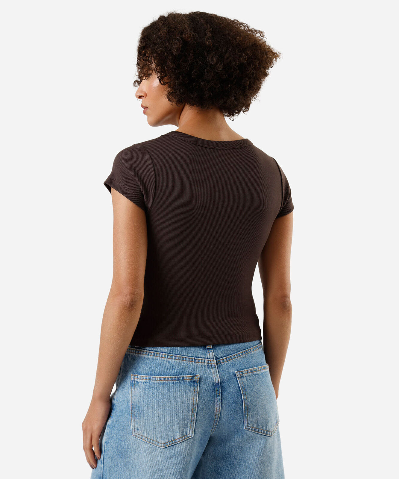 blusa baby look feminina de algodão peruano canelada marrom