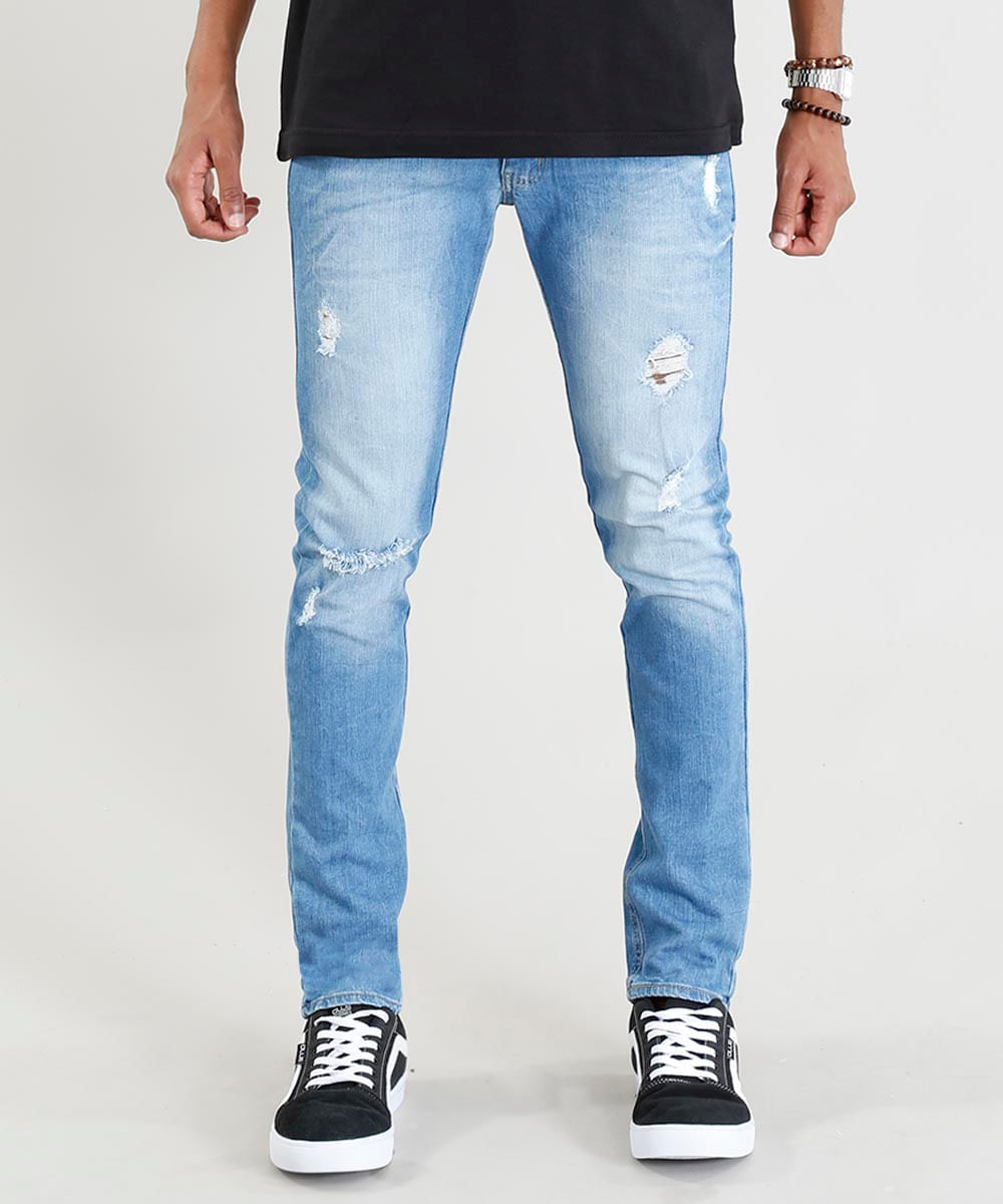 Calça Jeans Masculina Skinny com Rasgos Azul Claro